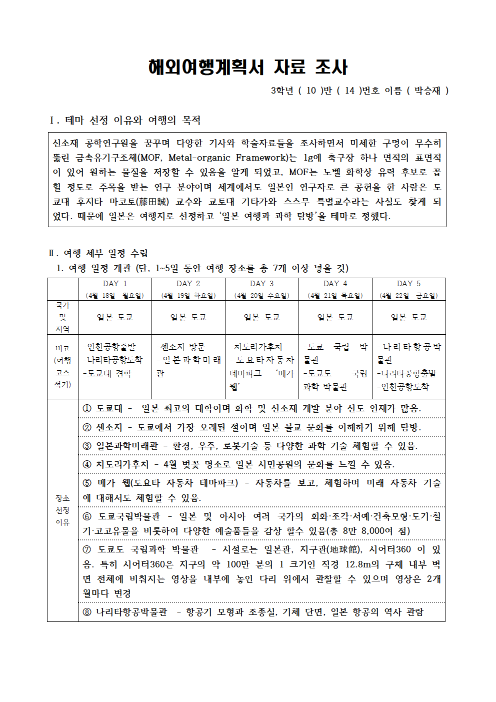 공학 연구 활동 진로 관련 해외여행계획서